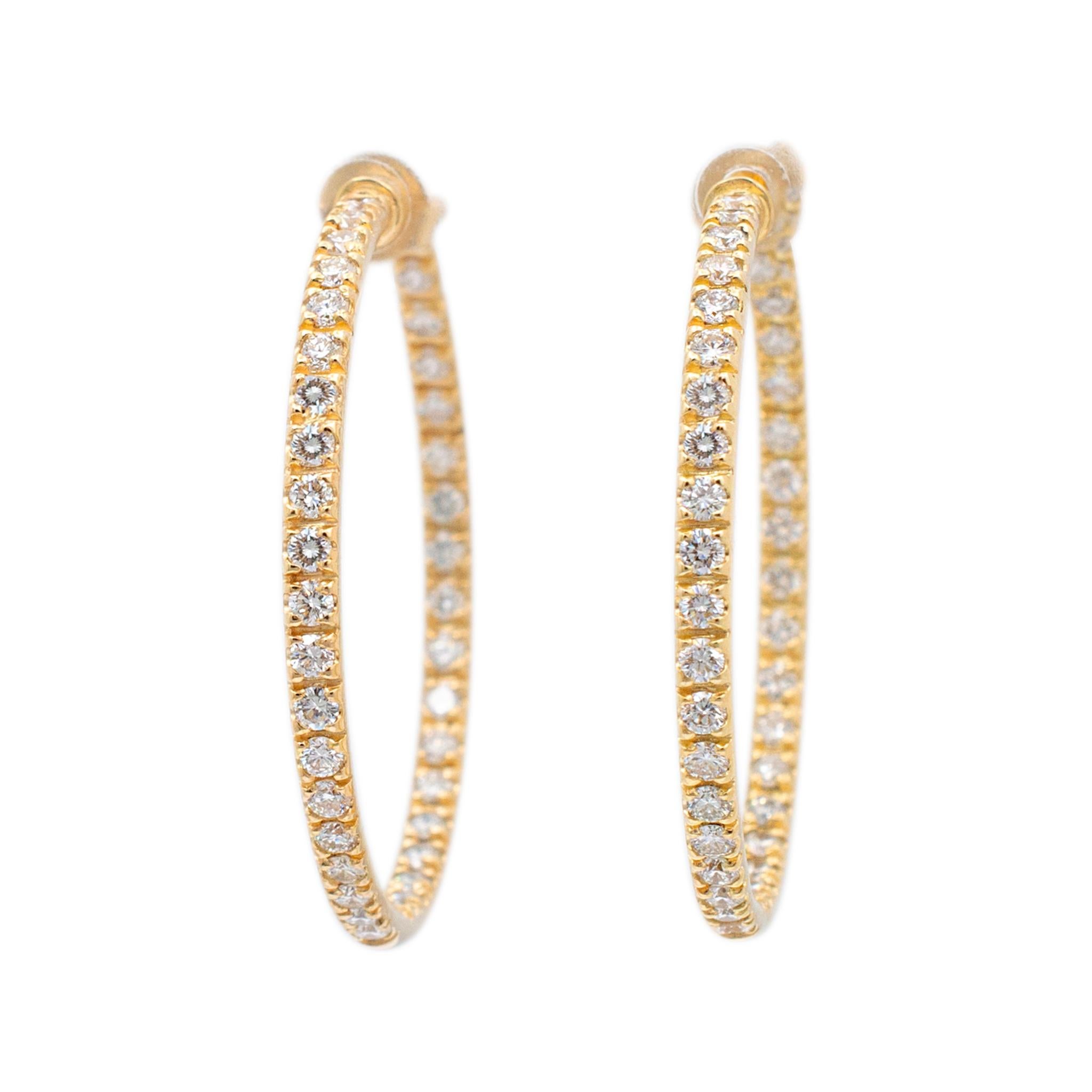 Ladies 18K Yellow Gold Pave Inside Out Diamond Hoop Earrings For Sale ...
