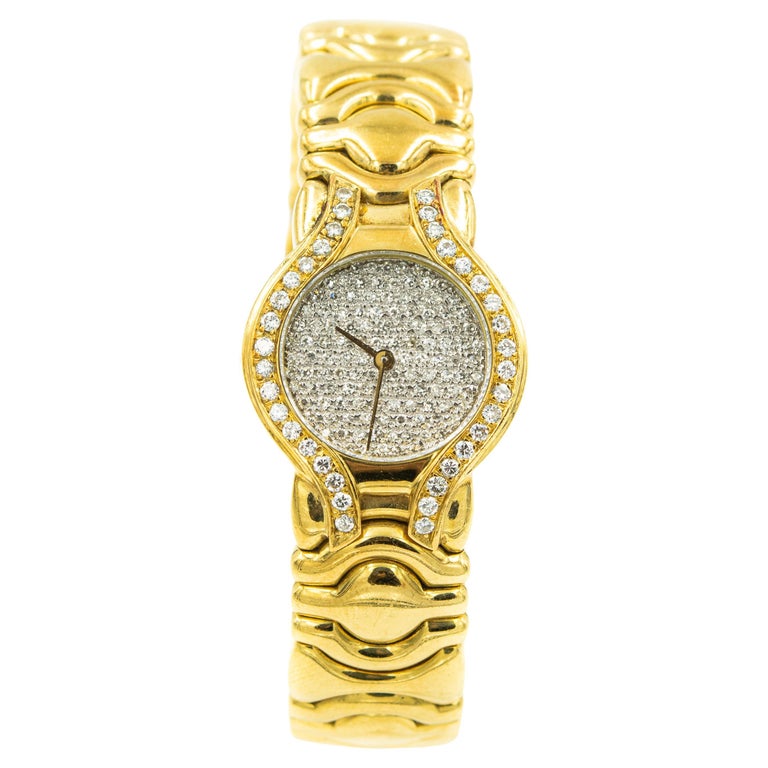 Ladies 18k Yellow Gold Platinum Cuff Watch with Diamond Face and Bezel ...