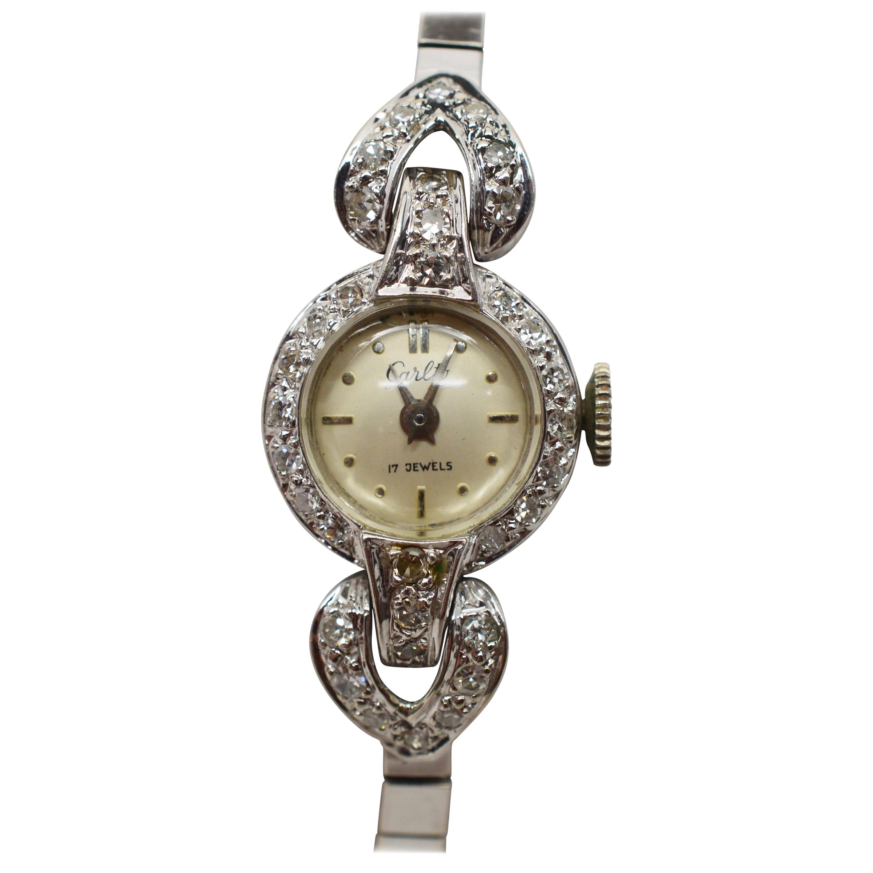 Ladies Antique Carlto White Gold Diamond Bracelet Wristwatch For Sale ...
