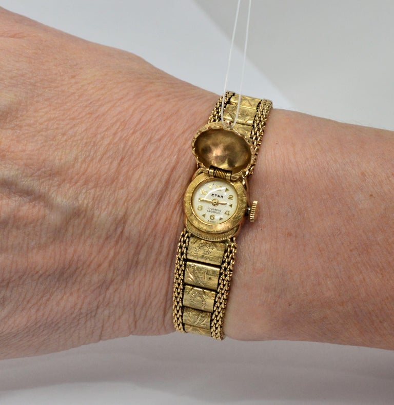 Ladies Antique Engraved 14 Karat Yellow Gold Swiss Watch Bracelet For ...