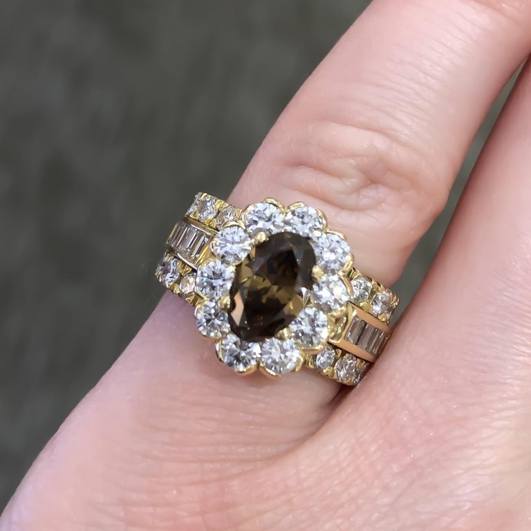 Ladies Fancy Deep Brown Oval Diamond Halo Wide Ring 1.18 Carat 18 Karat ...