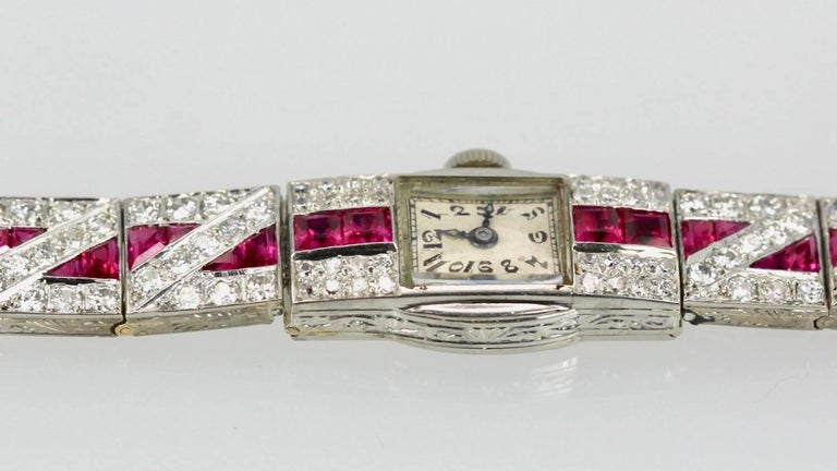 Ladies Platinum Diamond Ruby Art Deco Bracelet Wristwatch at 1stDibs