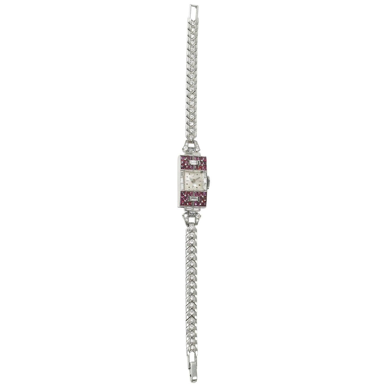 Ladies Platinum Diamond Ruby Art Deco Bracelet Wristwatch at 1stDibs