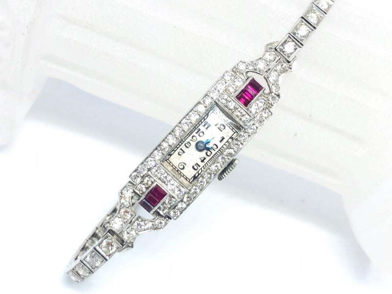 Ladies Platinum Diamond Ruby Manual Wind Wristwatch at 1stDibs