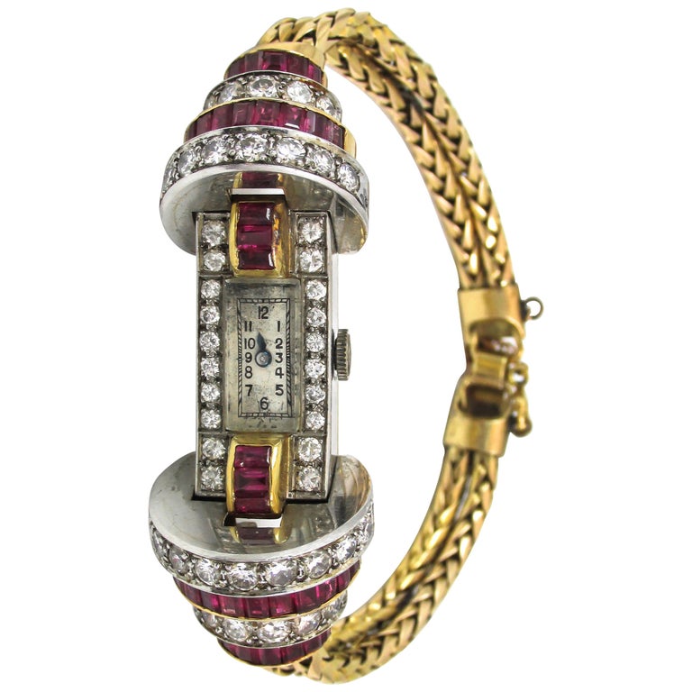 Ladies Platinum Yellow Gold Diamond Ruby Retro Wristwatch For Sale at ...