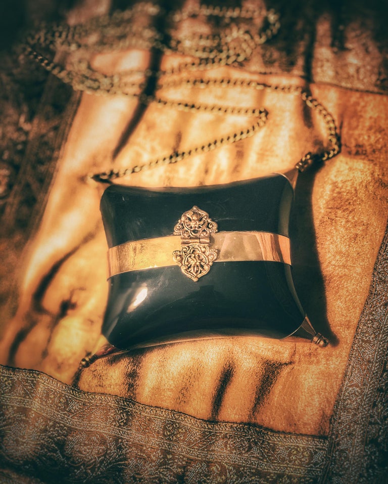 Ladies Purse Hard Shell Black Clutch Brass Ornaments, 1930s at 1stDibs