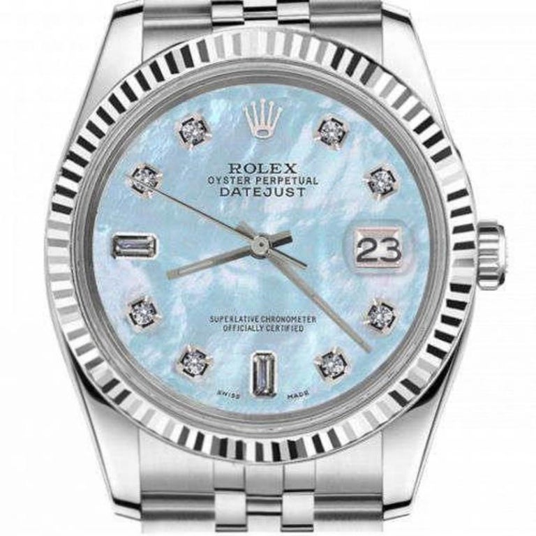 Rolex Ladies Datejust Baby Blue MOP Mother of Pearl Baguette Diamond ...