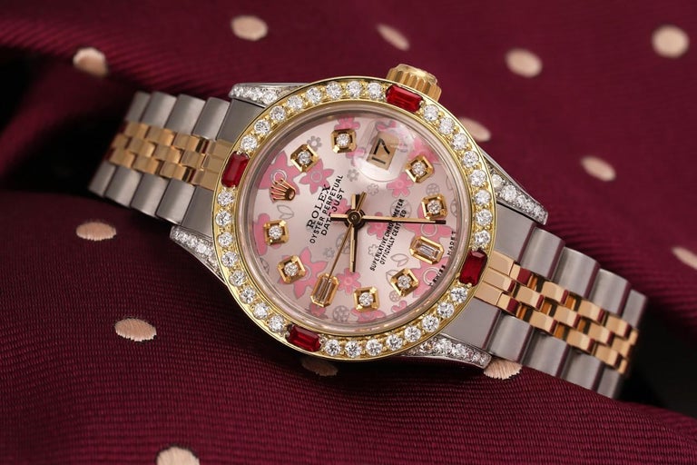 Ladies Rolex 26mm Datejust Two Tone Jubilee Glossy Pink Flower Dial ...