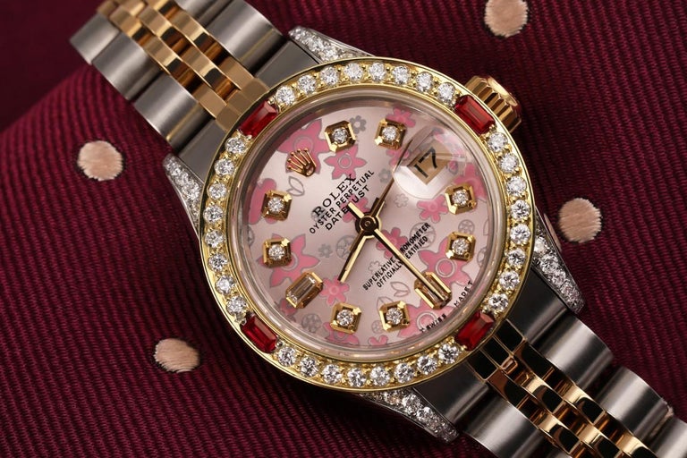 Ladies Rolex 26mm Datejust Two Tone Jubilee Glossy Pink Flower Dial ...