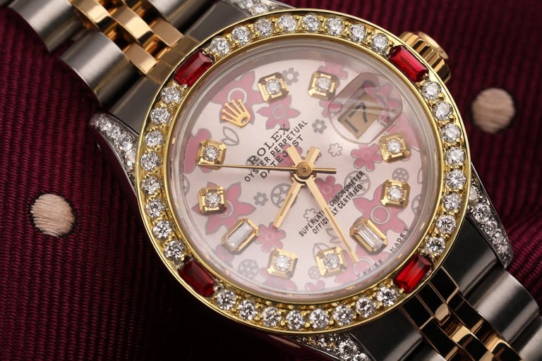 Ladies Rolex 26mm Datejust Two Tone Jubilee Glossy Pink Flower Dial ...