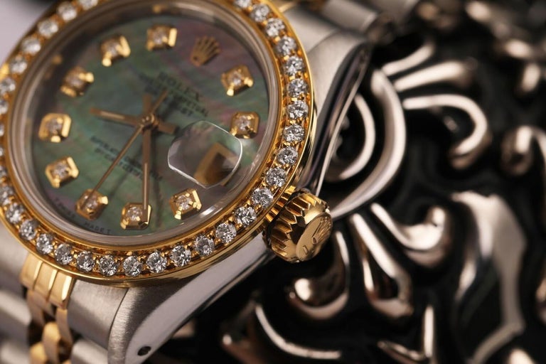 Ladies Rolex Datejust Vintage Diamond Bezel Two Tone Black MOP Watch ...