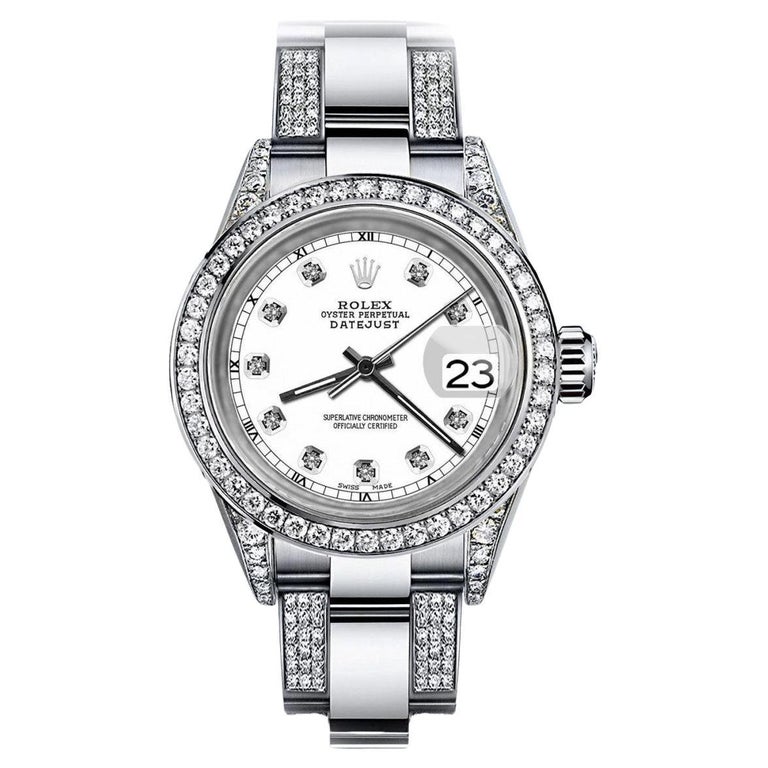 Ladies Rolex White Track Datejust S/S Oyster Perpetual Diamond Watch ...