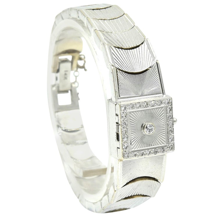 Ladies Vintage 14 Karat White Gold Hamilton Flip Top Diamond Dress ...