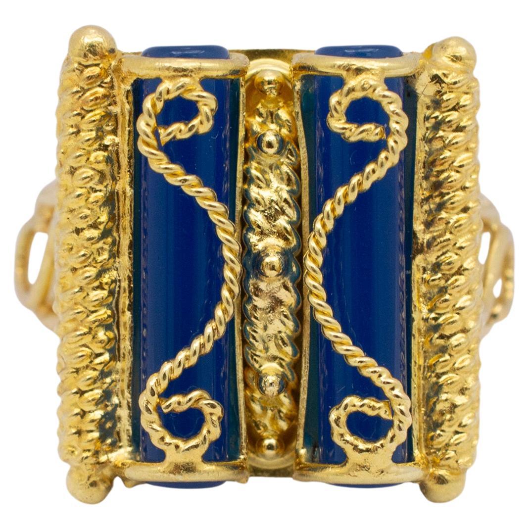 Ladies Vintage 18K Yellow Gold Blue Enamel Two Pole Cocktail Ring For ...