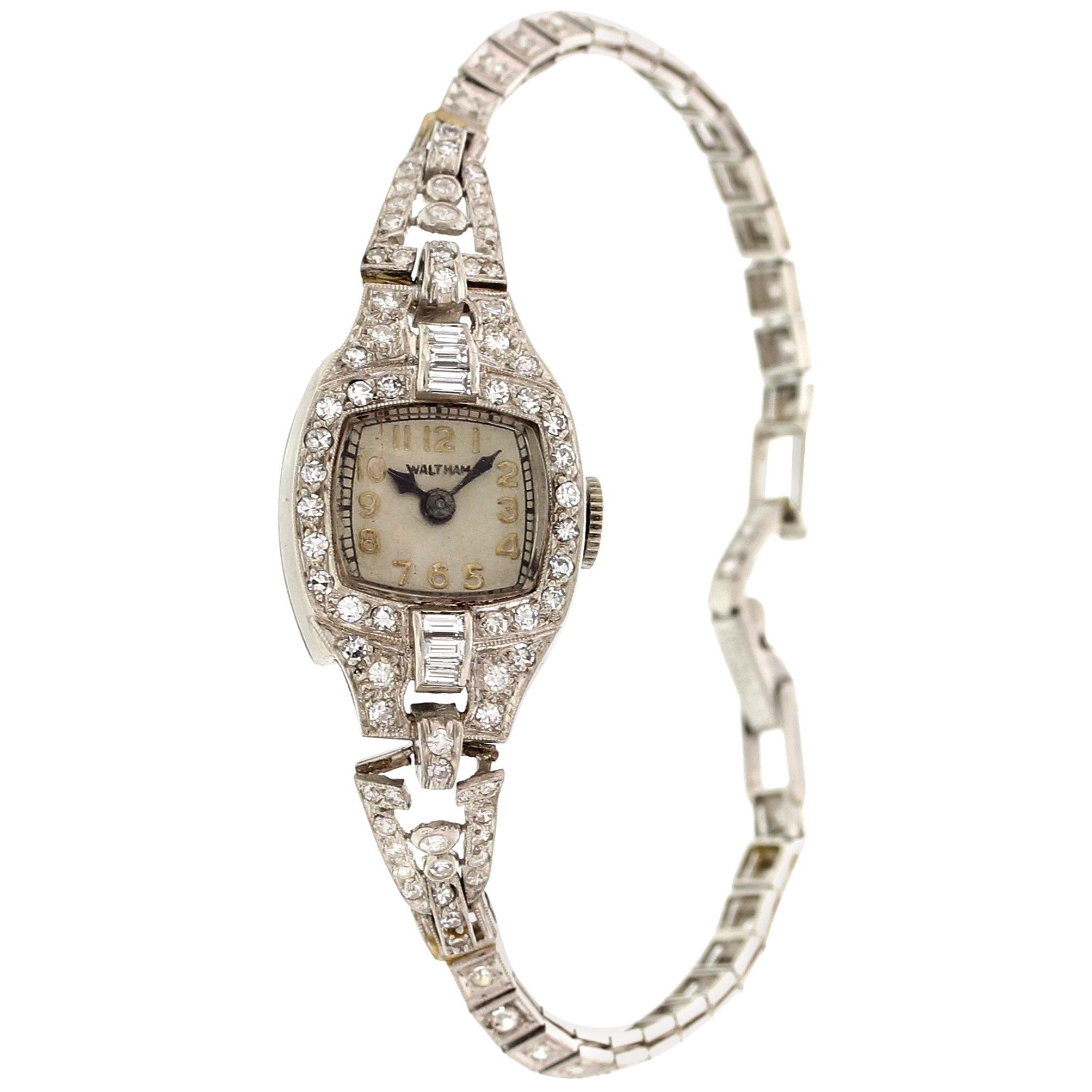 Ladies Vintage Platinum and Diamonds Waltham Watch For Sale at 1stDibs