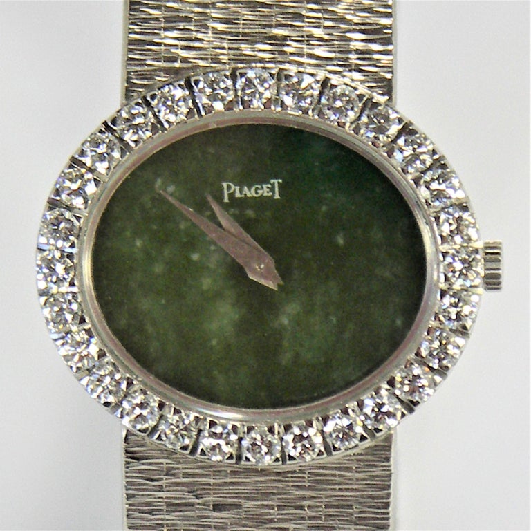 Ladies White Gold Piaget Watch with Oval Shaped Jade Dial and Diamond ...