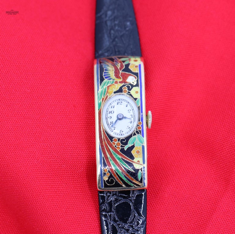 Ladies yellow gold Enamel Parrot Wristwatch For Sale at 1stDibs