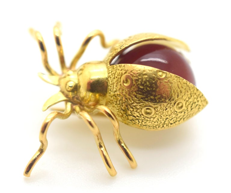 Lady Bug Pin 18 Karat Yellow Gold Carnelian Chalcedony at 1stDibs