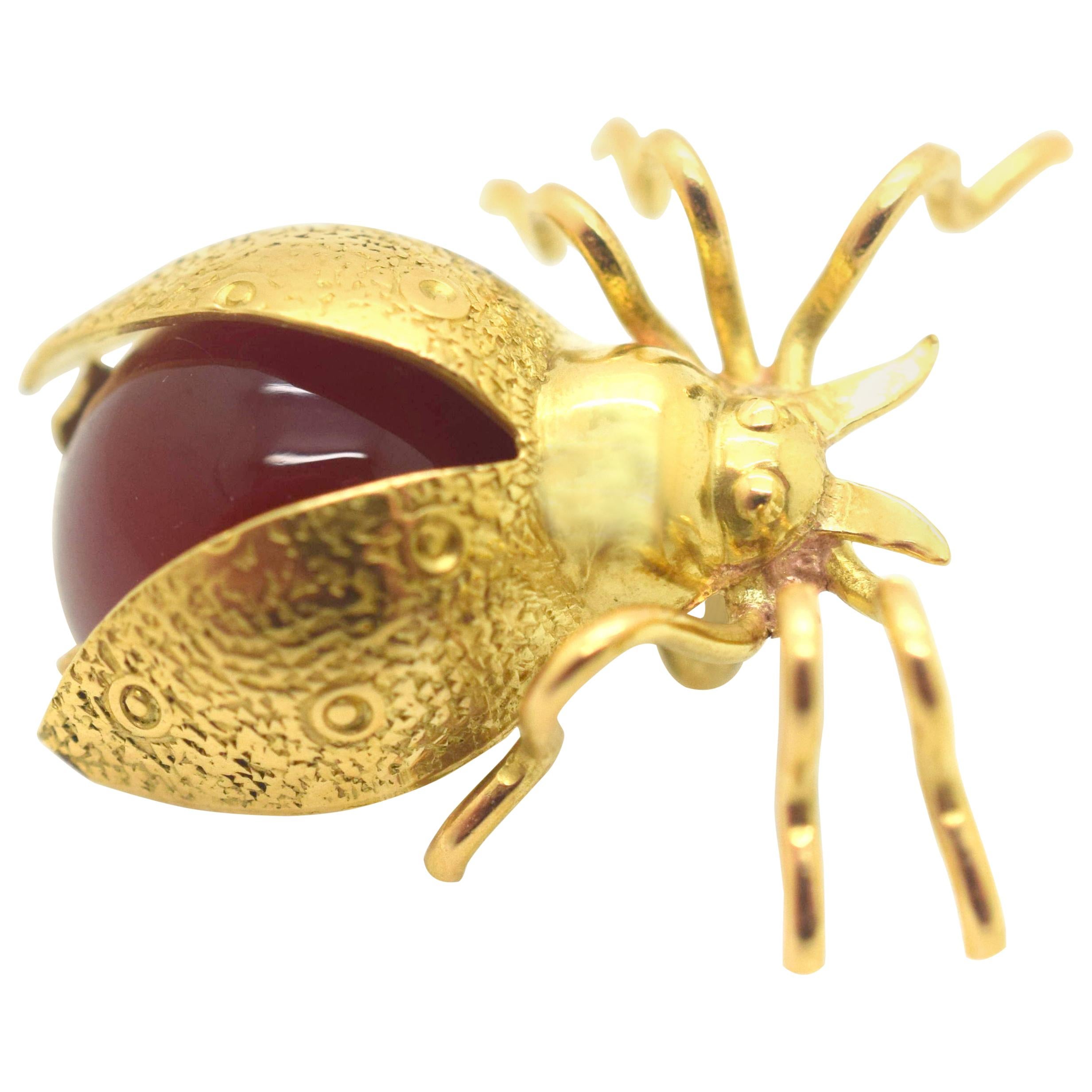 Lady Bug Pin 18 Karat Yellow Gold Carnelian Chalcedony at 1stDibs