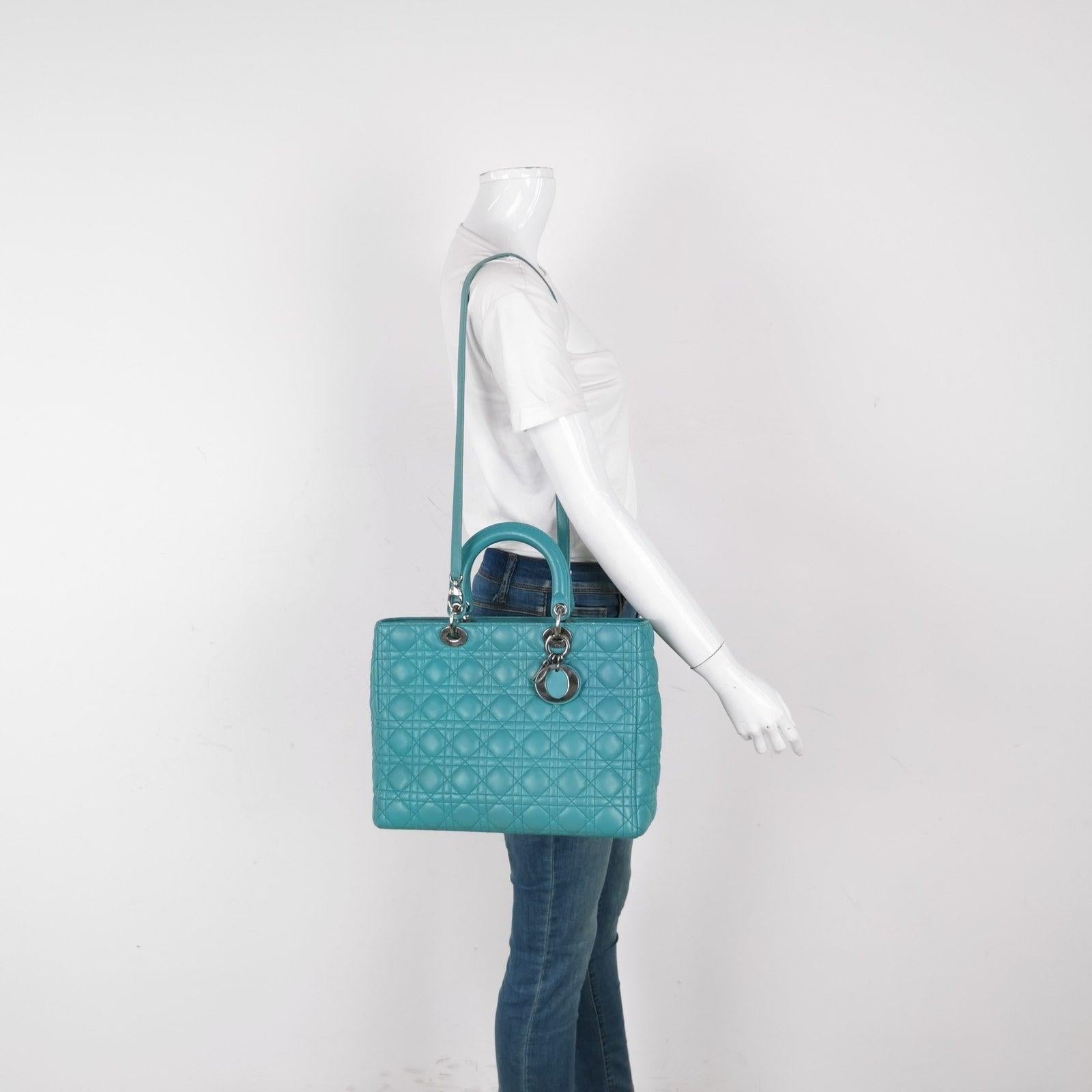 Lady Dior Large Bag Teal Blue Lambskin Cannage Leather For Sale at 1stDibs