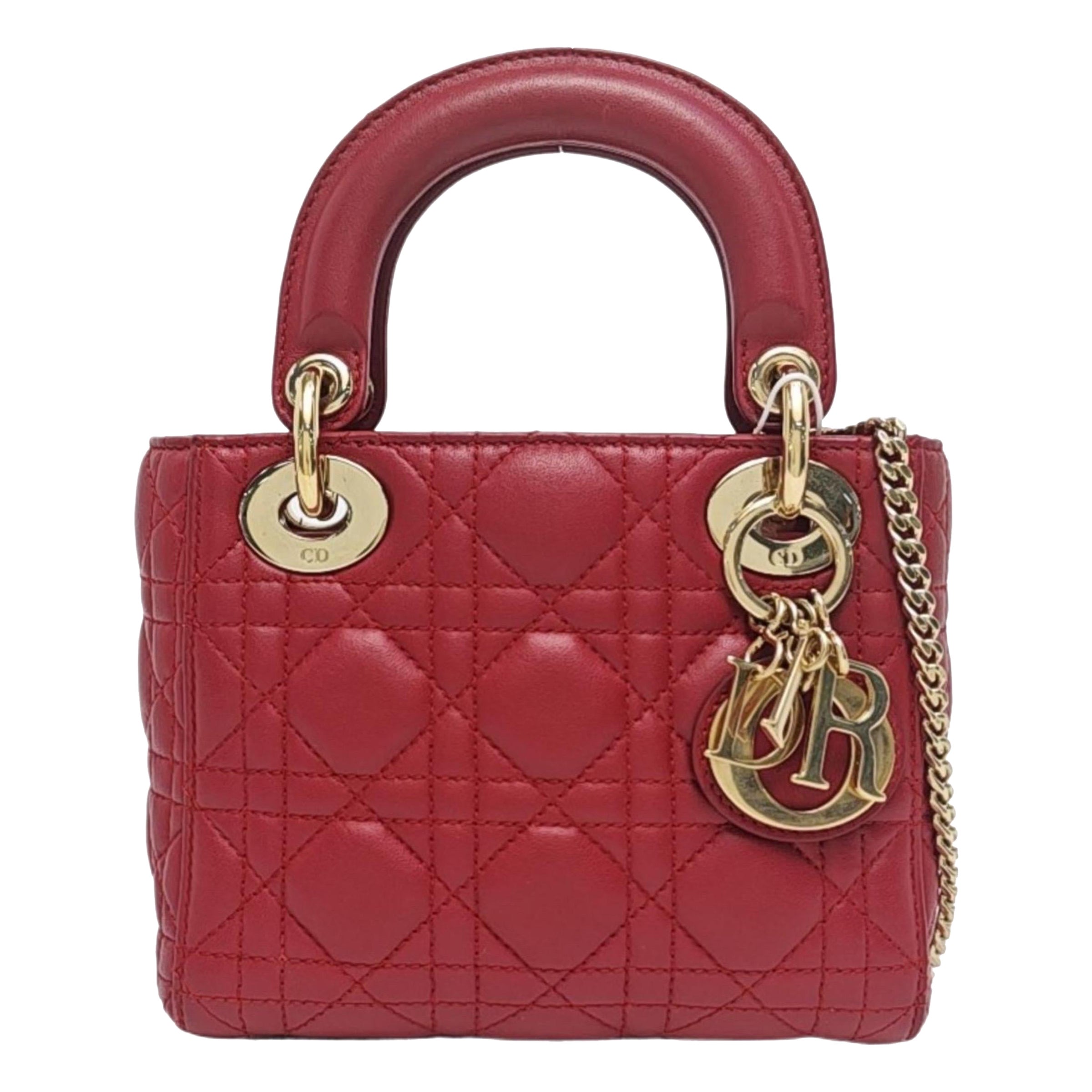 Lady Dior Mini Red Lambskin Leather Gold Chain Strap For Sale at 1stDibs
