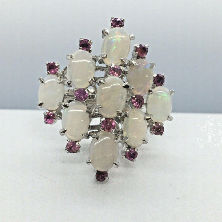 Lady's 18 karat White Gold Cluster Opal Ruby Ring 1960s For Sale at 1stDibs