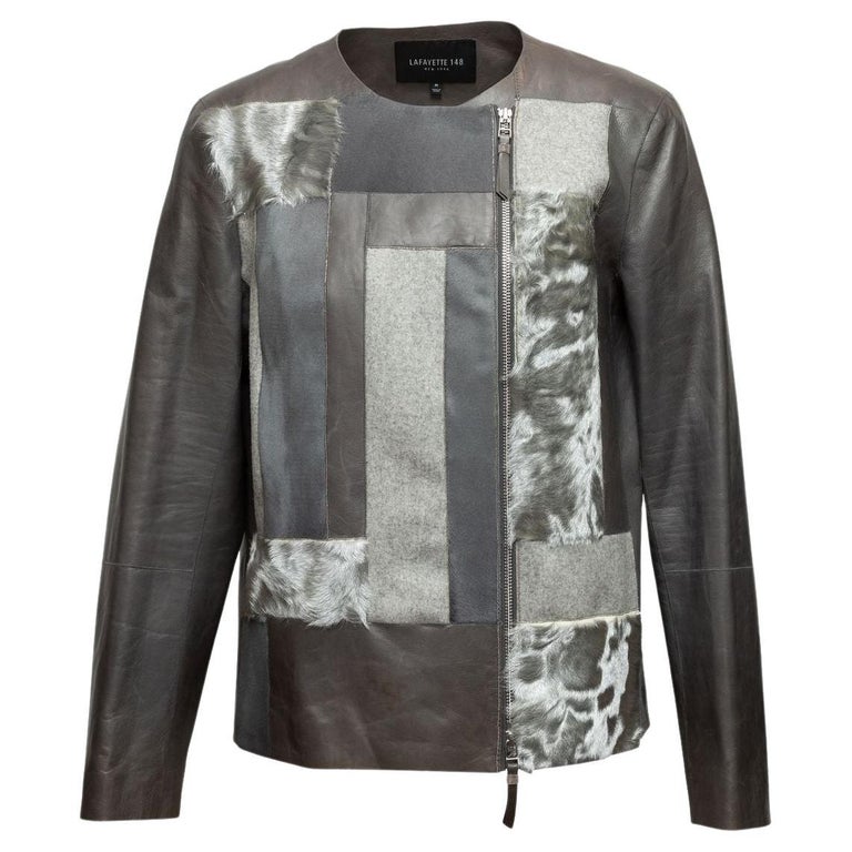 Lafayette 148 Grey and Silver Patchwork Zip Jacket For Sale at 1stDibs