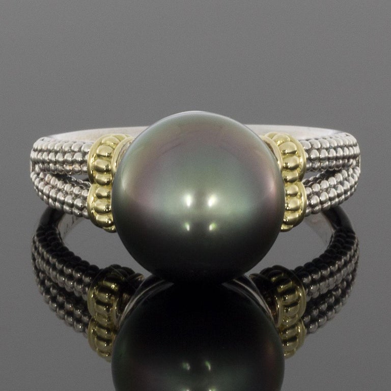 Lagos Luna SIlver and Gold Tahitian Pearl Caviar Solitaire Ring at 1stDibs