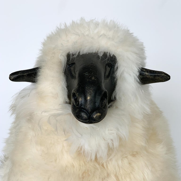 Carved Wooden Sheep in Natural Sheepskin For Sale at 1stDibs