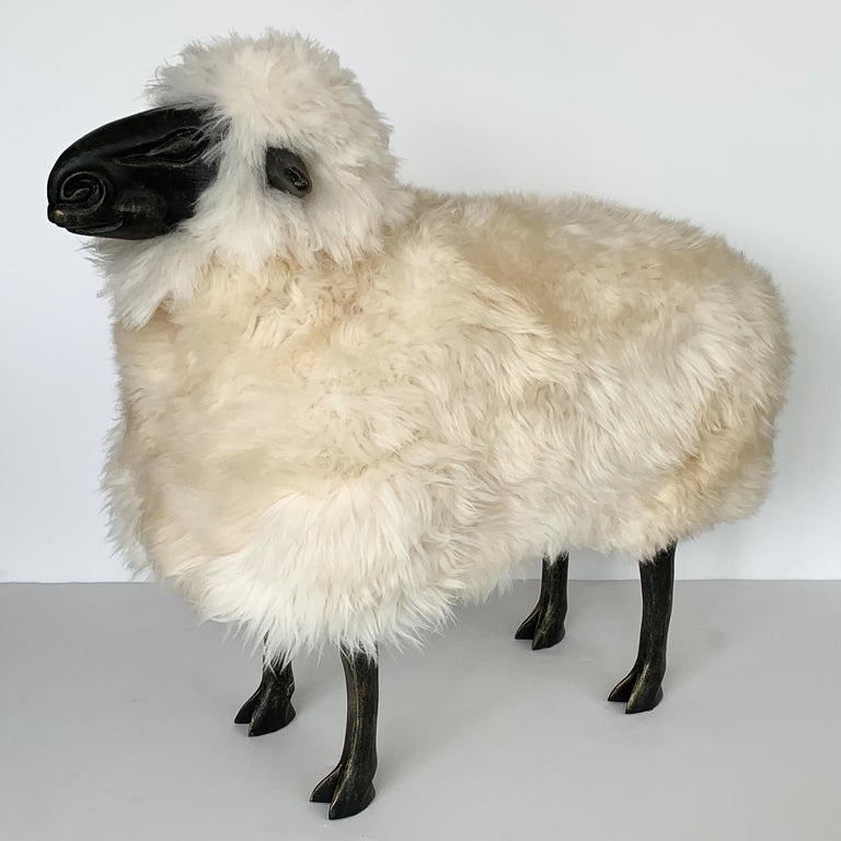 Carved Wooden Sheep in Natural Sheepskin For Sale at 1stDibs