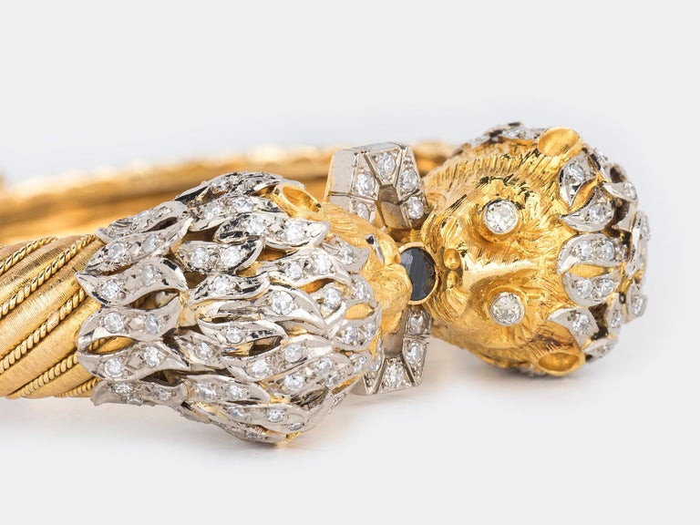Lalaounis Gold, Diamond, and Sapphire Loin Head Bangle at 1stDibs