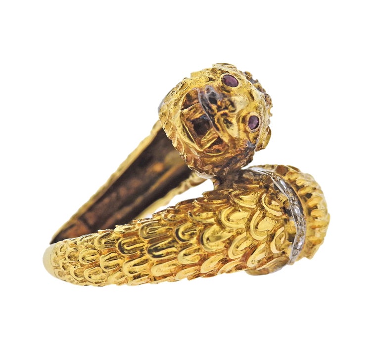 Lalaounis Greece Chimera Diamond Ruby Bypass Gold Ring For Sale at 1stDibs