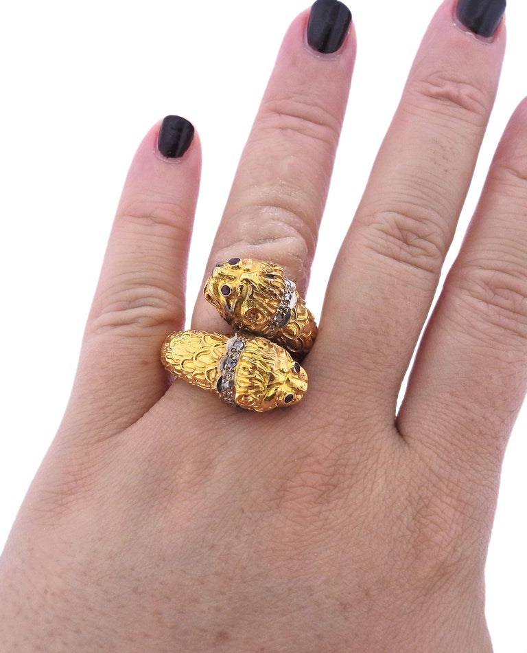 Lalaounis Greece Chimera Diamond Ruby Bypass Gold Ring For Sale at 1stDibs