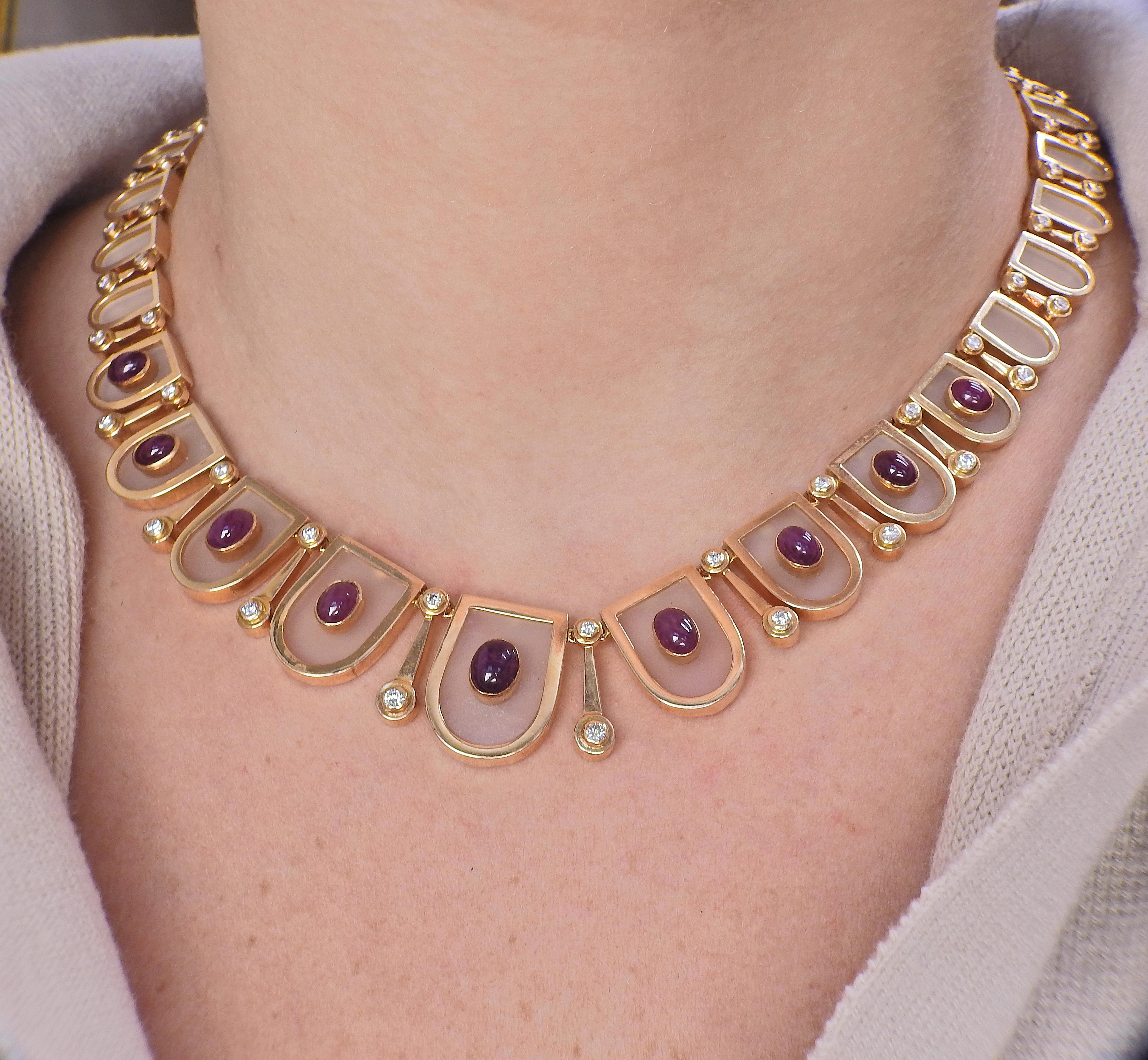Lalaounis Greece Frosted Crystal Ruby Diamond Gold Necklace For Sale at ...