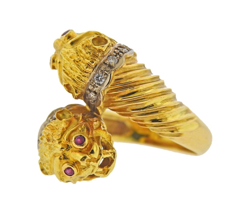 Lalaounis Greece Ruby Diamond Gold Chimera Bypass Ring at 1stDibs