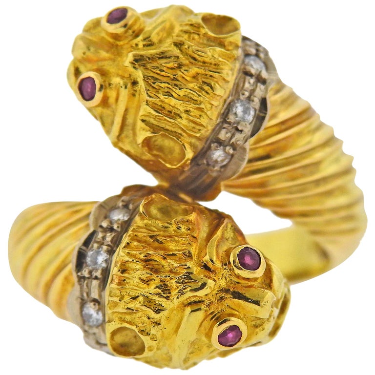 Lalaounis Greece Ruby Diamond Gold Chimera Bypass Ring at 1stDibs