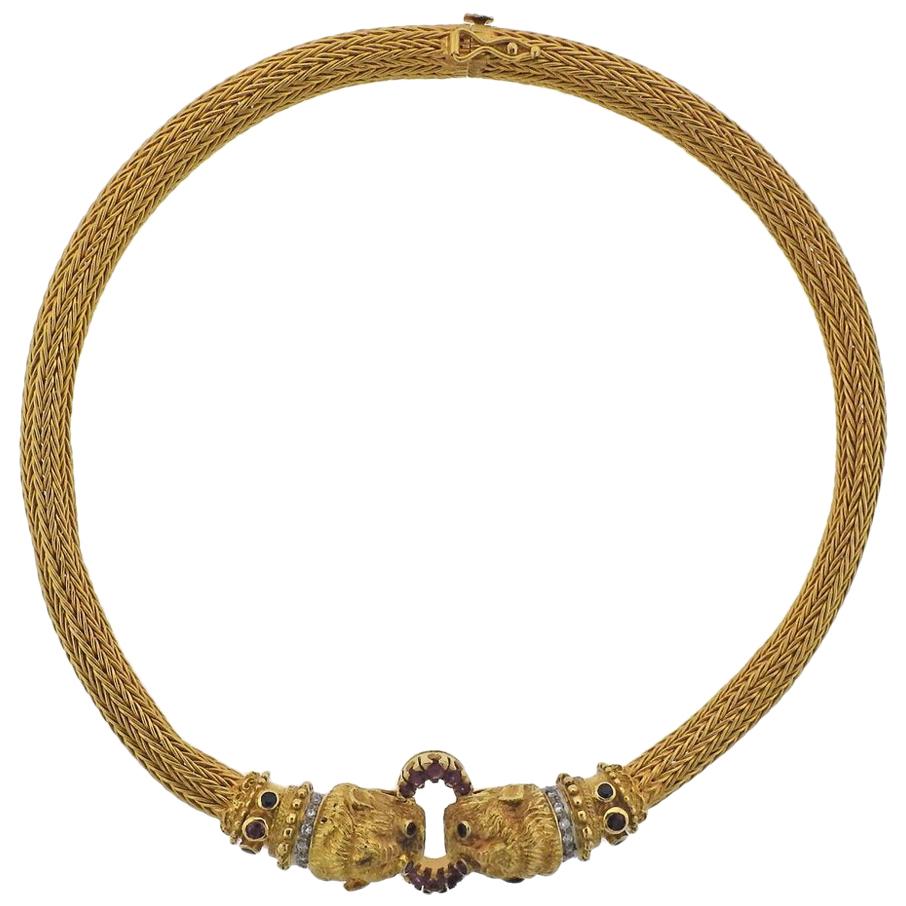Greek Gold Ruby Diamond Collar Necklace at 1stDibs