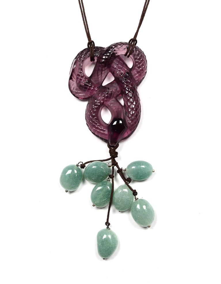 Lalique Purple Crystal Serpent Snake Rope Necklace W/ Green Aventurine ...
