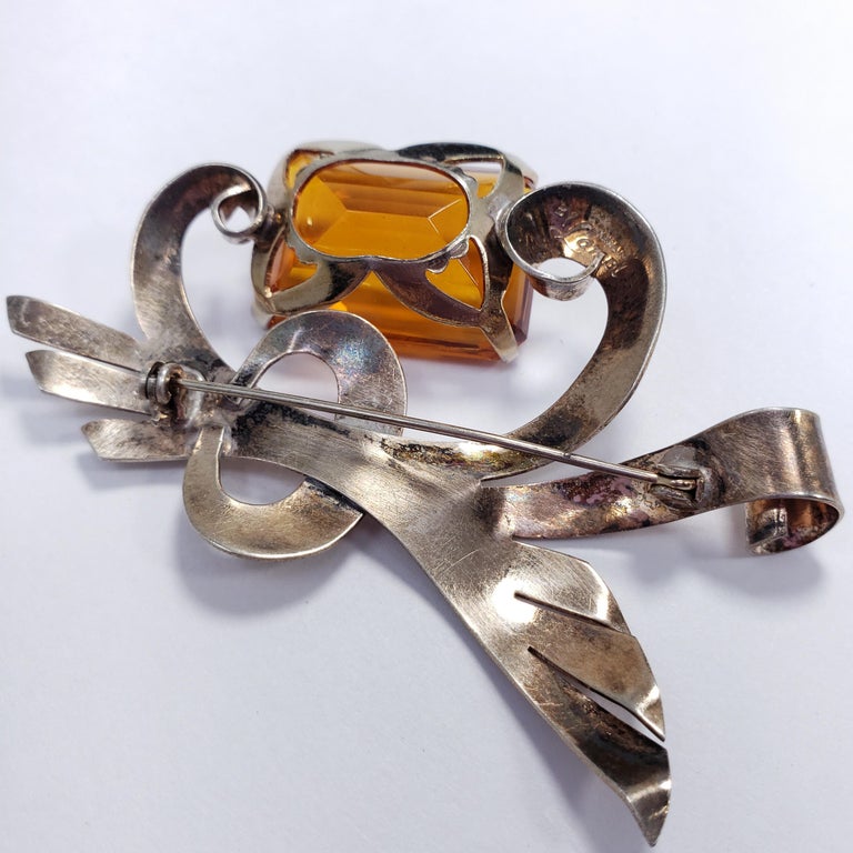 Lampl Sterling Silver Decorative Bow Motif Pin Brooch With Large Orange ...