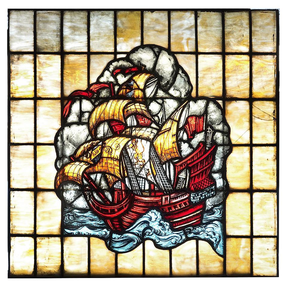 Stained Glass Panel Featuring the RCA Dog, Nipper in Wooden Frame at ...