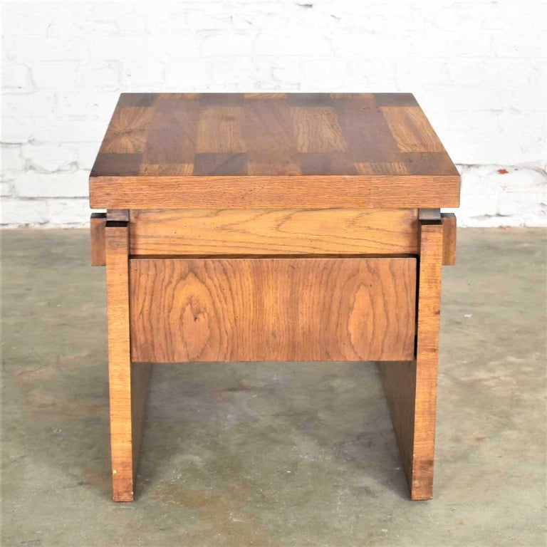 Lane Furniture Modern Brutalist Chunky Oak Parquet Side Table or End ...