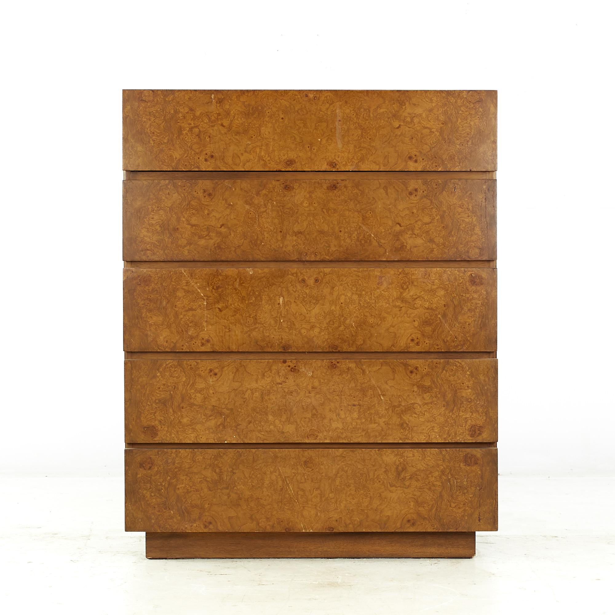 Lane Mid Century Burlwood Highboy Dresser For Sale at 1stDibs