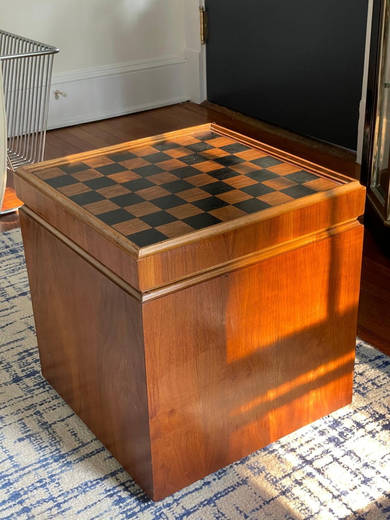 Lane Walnut Game Cube Storage Stool Mid-Century Modern For Sale at 1stDibs