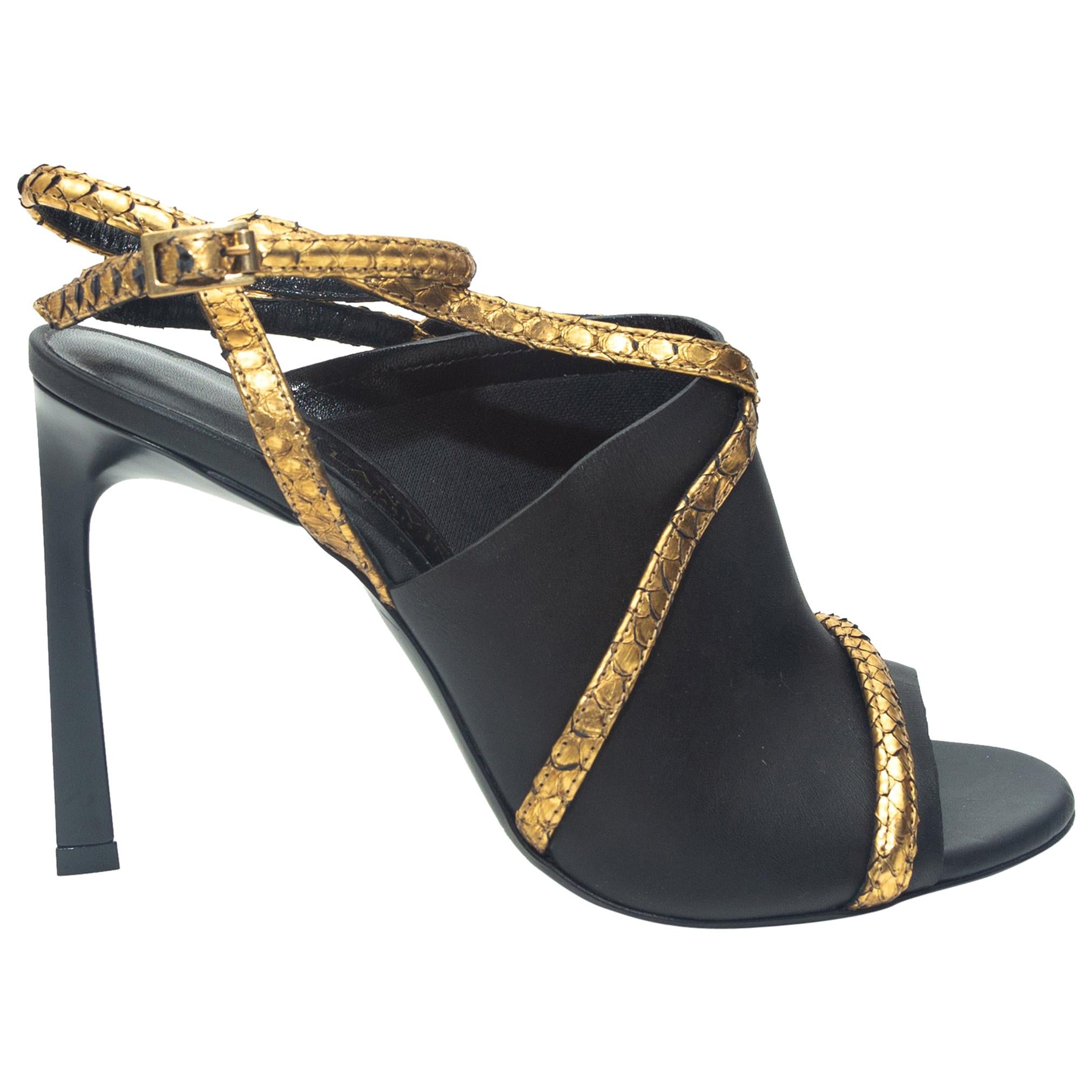 Lanvin Black and Gold Heeled Ankle Strap Sandals For Sale at 1stDibs