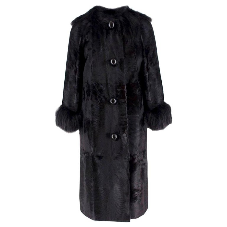 Lanvin Black Lambs Fur Long Coat With Fox Fur Trim - Size US 6 at 1stDibs