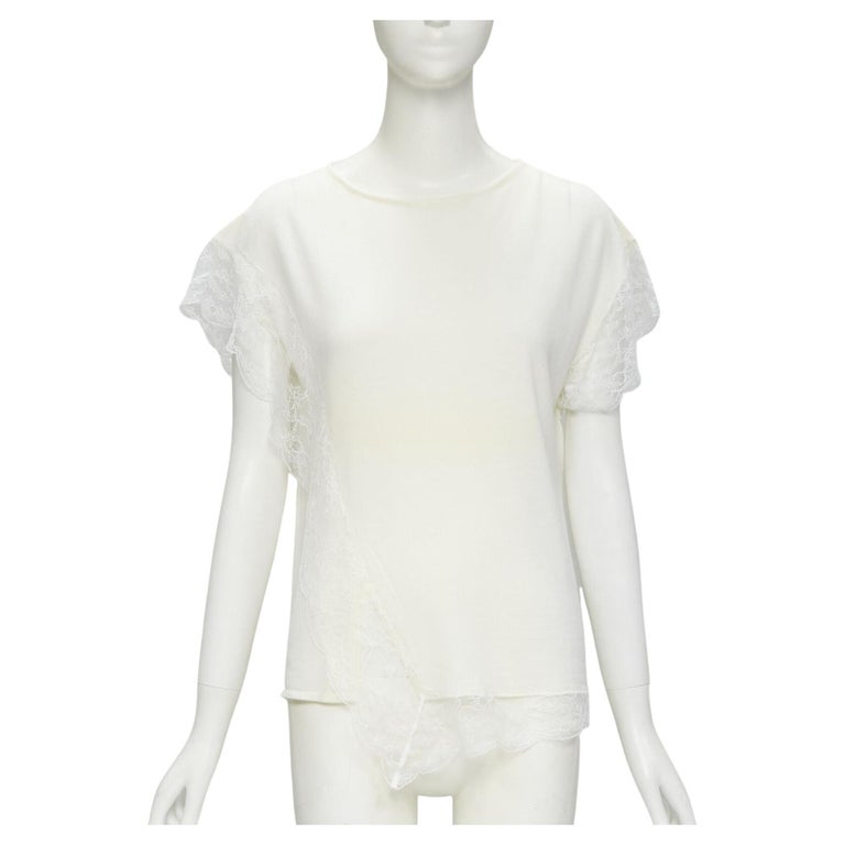 LANVIN cream white wool blend lace trim knitted pullover top M For Sale ...