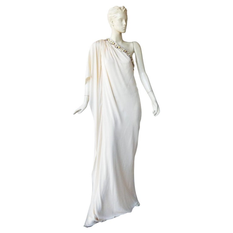 Lanvin Grecian Drape One Shoulder White Gown with Embellished Flower ...