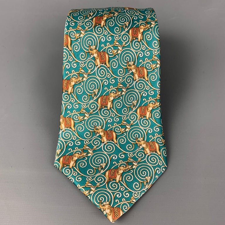 LANVIN Mint Gold Elephant Print Silk Tie For Sale at 1stDibs