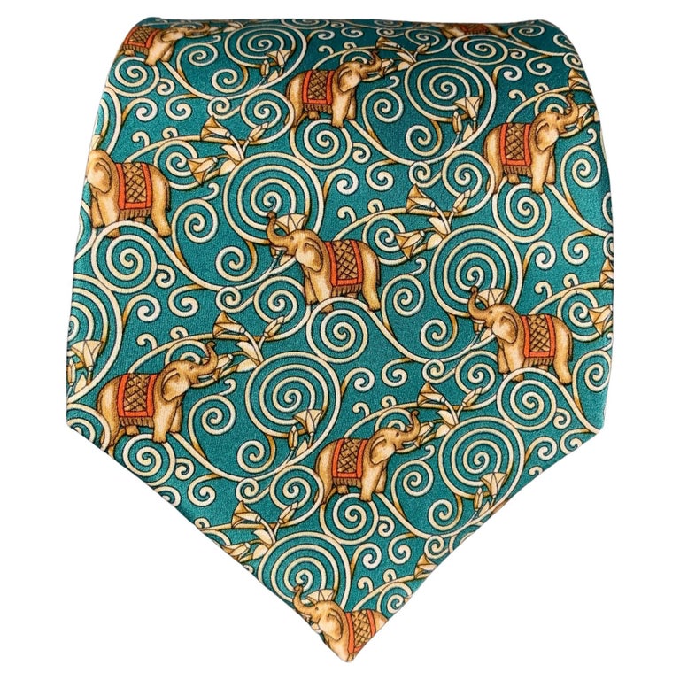 LANVIN Mint Gold Elephant Print Silk Tie For Sale at 1stDibs
