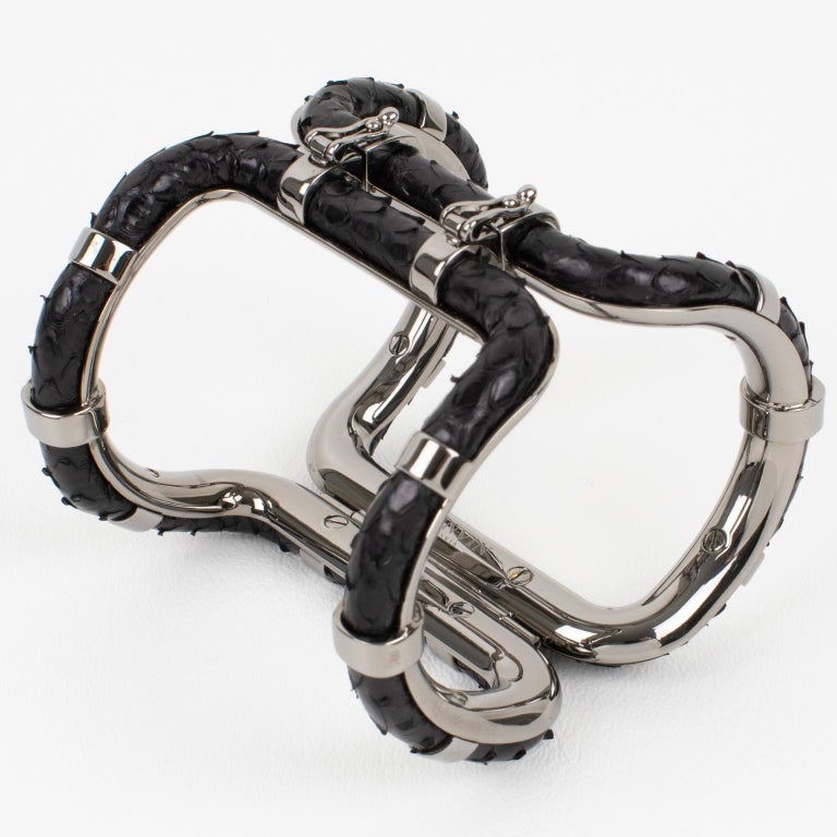 Lanvin Paris Black Python Skin and Gray Steel Clamper Bracelet in Box For Sale at 1stDibs
